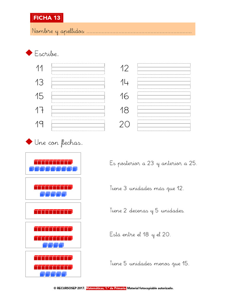 Matemáticas Primero Primaria Ficha 13 | PDF