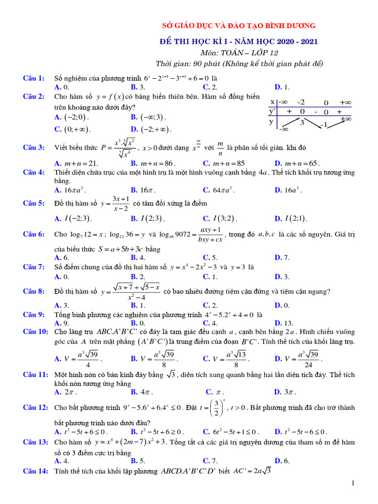 Toán 12 Hki Năm 2020 2021 | PDF