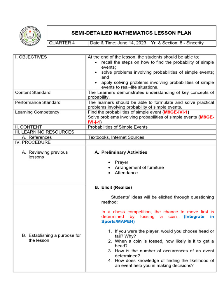Lesson Plan G8 Probability Pdf Probability Cognitive Science