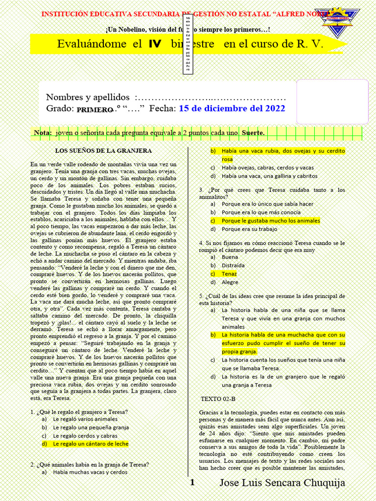 EXAMEN IV BIM - PRIMER GRADO - RV I | PDF | Amistad | Los Estados Unidos