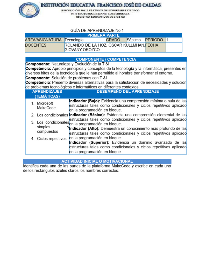 Guia de Septimo de Tecnologia Tarde Primer Periodo | PDF | Variable (informática) | Programa de ...
