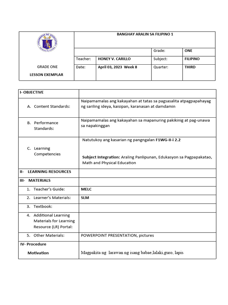 Lesson Plan in Filipino 1 Kasarian NG Pangngalan | PDF