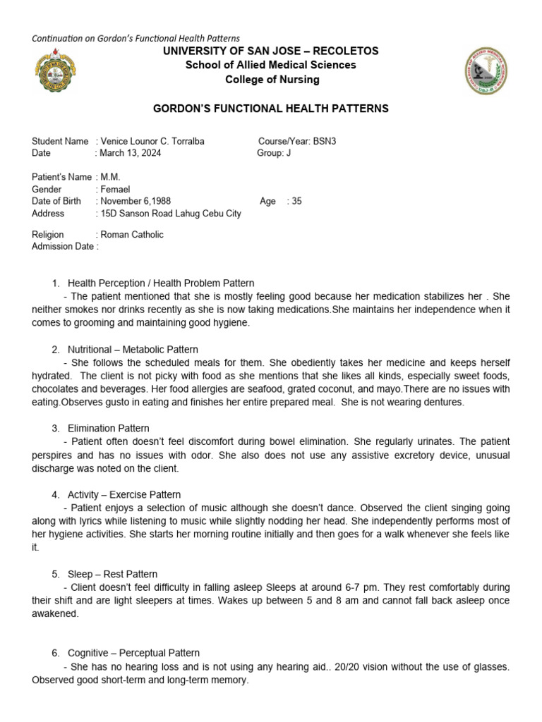 Gordons Functional Health Pattern Form | Download Free PDF | Sleep ...