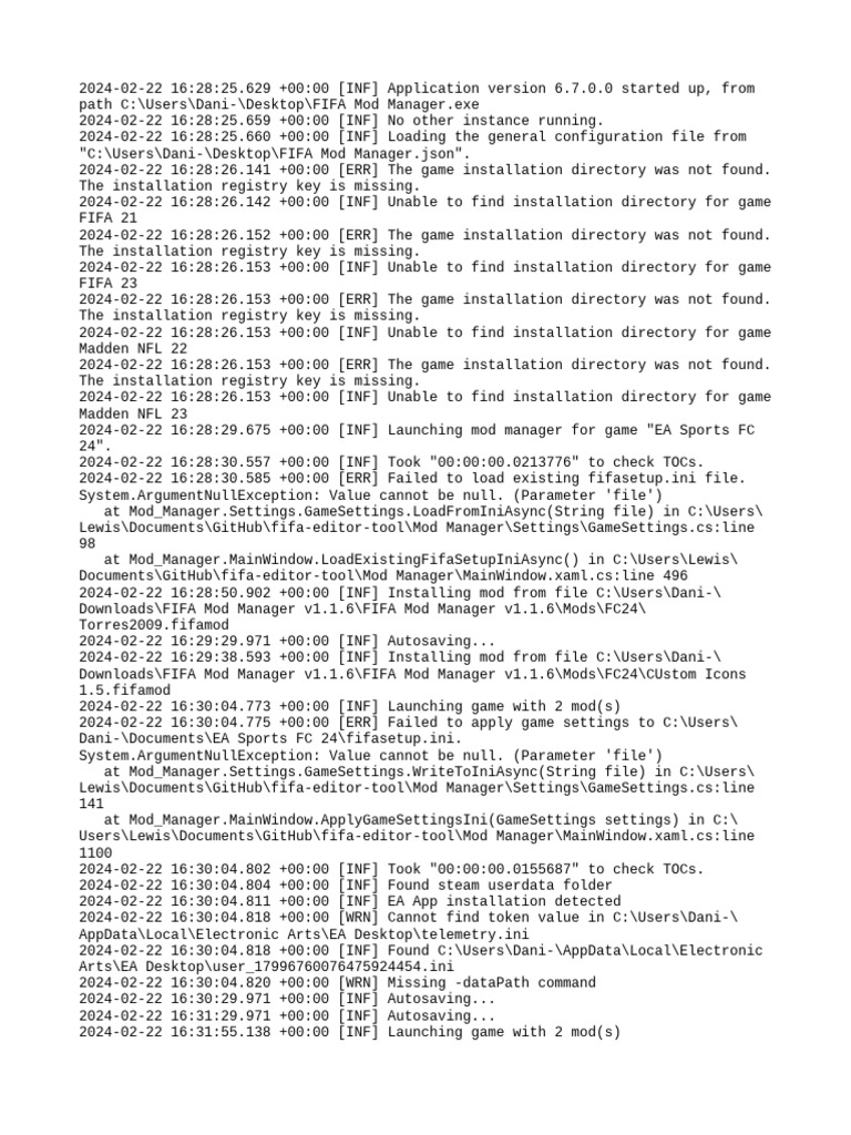 FIFA Mod Manager Log20240222 | PDF | Windows Registry | Directory (Computing)