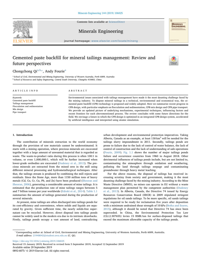 Cemented Paste Backfill For Mineral Tailings Management | PDF ...