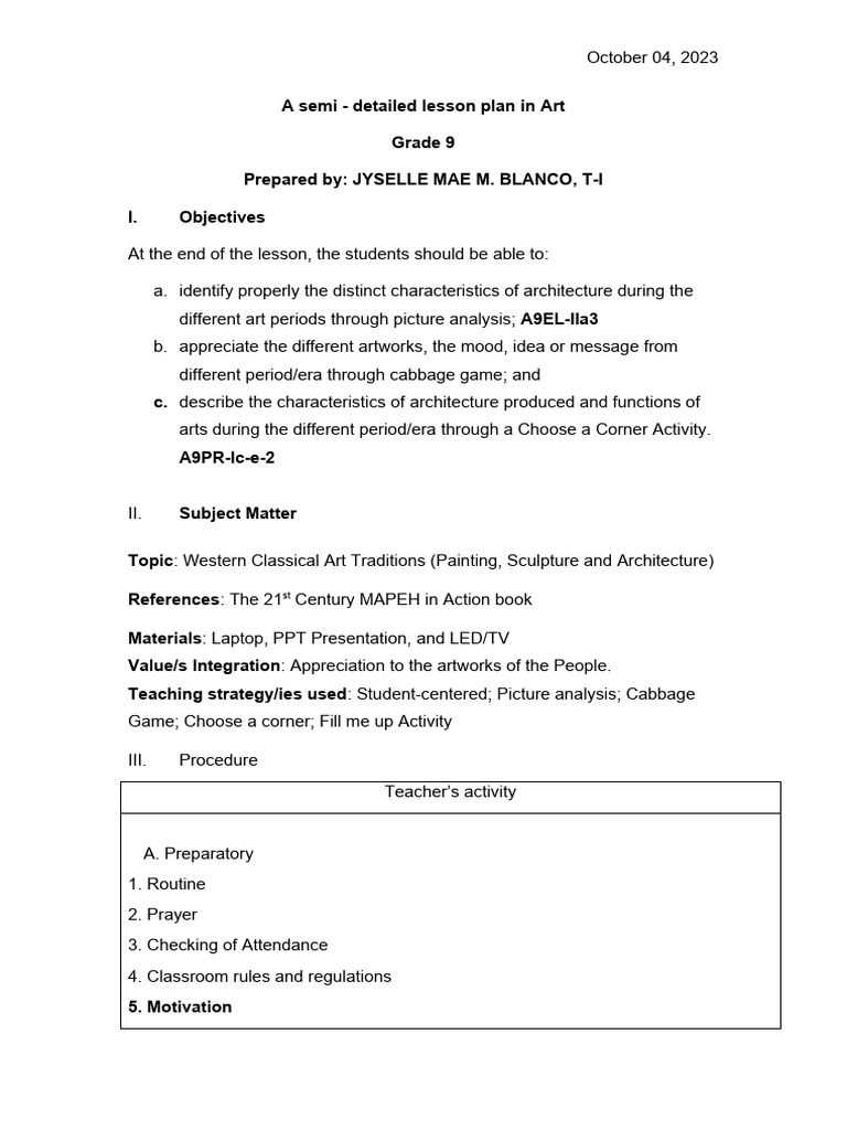 A Detailed Lesson Plan in Art 9-L1 - Oct 4 | PDF | Lesson Plan