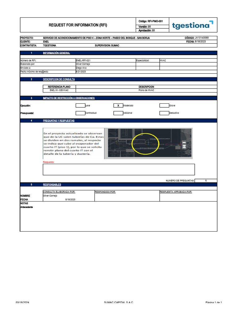RFI - N 021 - P4ZN - Tuberías HVAC hacia Cuarto IT (1er piso) | PDF