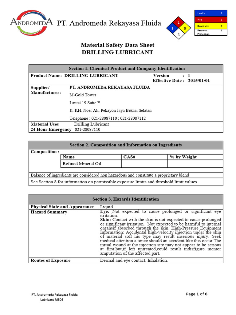 Drilling Lubricant MSDS Overview | PDF | Personal Protective Equipment ...