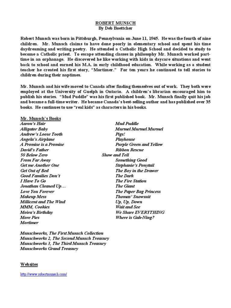 Robert Munsch | PDF | Reading (Process) | Lesson Plan