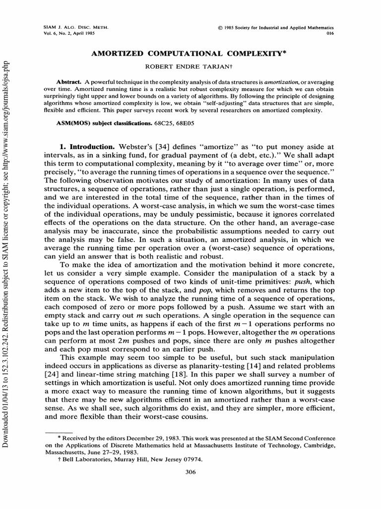 Amortized Computational Complexity R E Tarjan 1985 Pdf Algorithms And Data Structures
