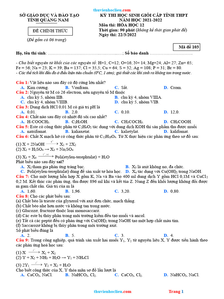 Thuvienhoclieu.com de Thi HSG Hoa 12 Quang Nam 2022 | PDF