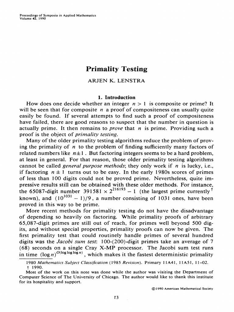 Primality Testing - Arjen K. Lenstra (1990) | Download Free PDF | Prime ...