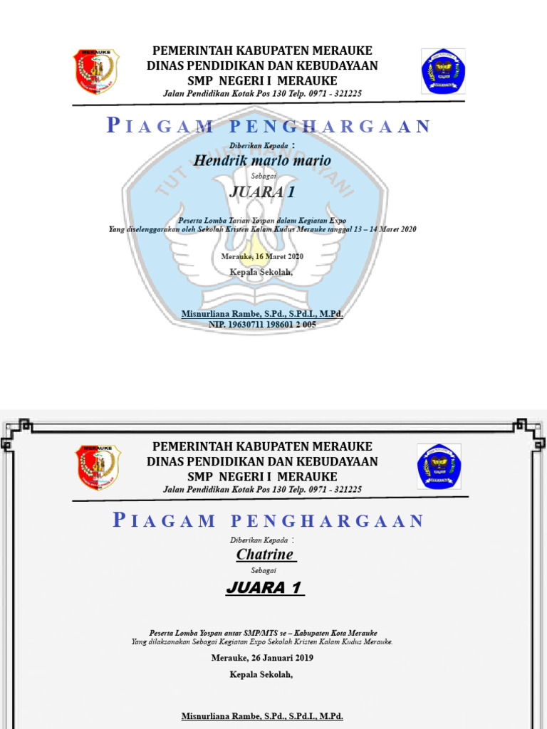 Piagam Penghargaan SMP N 1 Merauke Tahun 2021 Fix | PDF