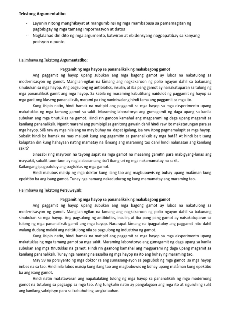 Halimbawa Tekstong Argumentatibo | PDF