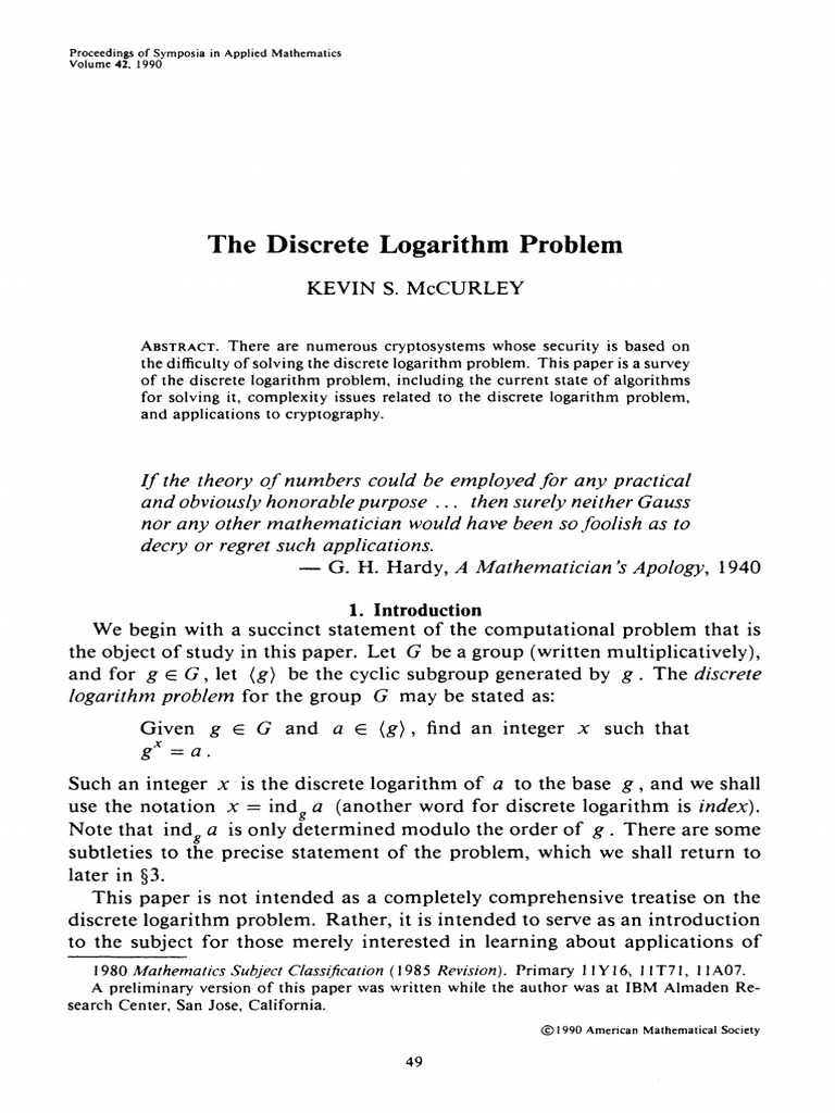 The Discrete Logarithm Problem - Kevin S. McCurley (1990) | PDF | Password | Cryptography