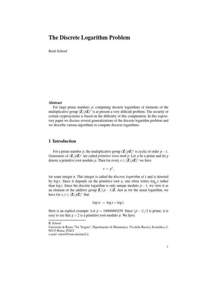 The Discrete Logarithm Problem René Schoof 2016 Pdf Group Mathematics Logarithm