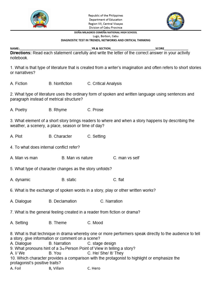 DIAGNOSTIC TEST IN CNF | PDF | Narration | Essays