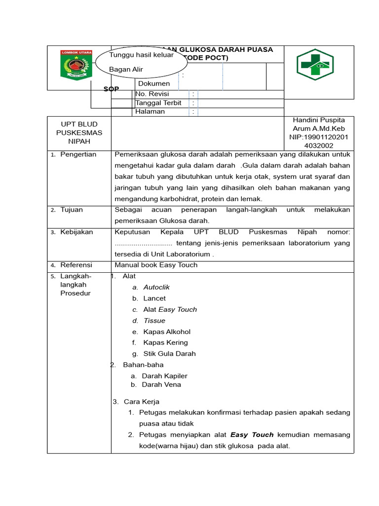 Sop Pemeriksaan Gula Darah Puasa (Poct) | PDF