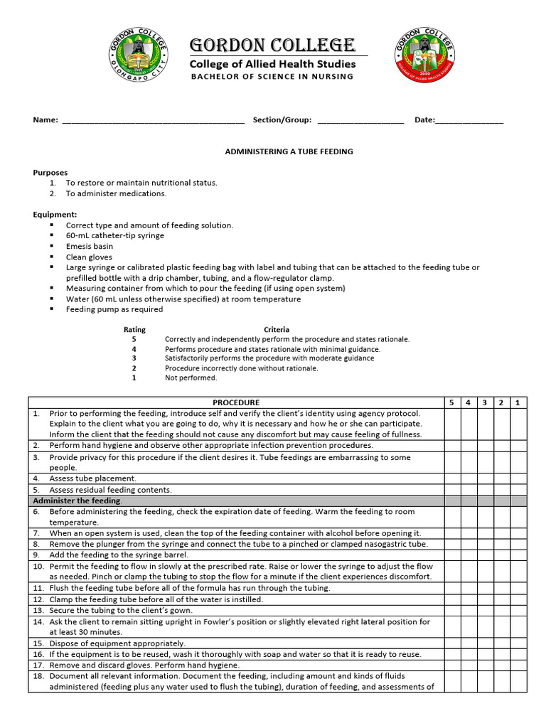 Checklist - Administering A Tube Feeding | PDF | Syringe | Clinical ...