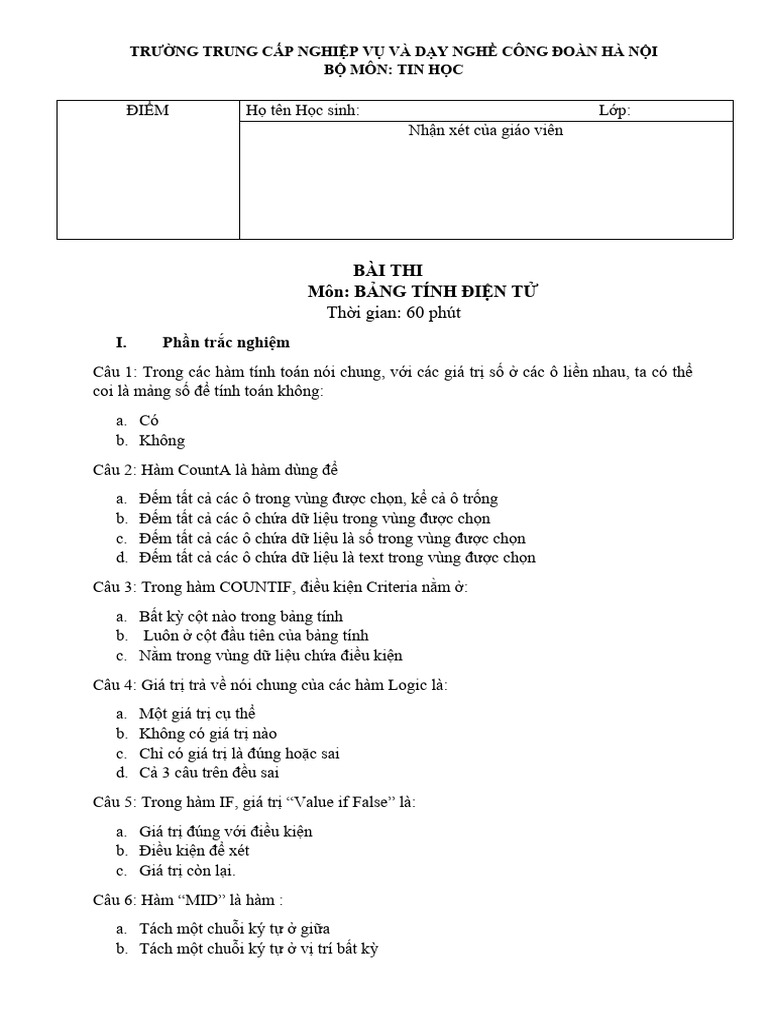 Đề thi Excel 2 | PDF