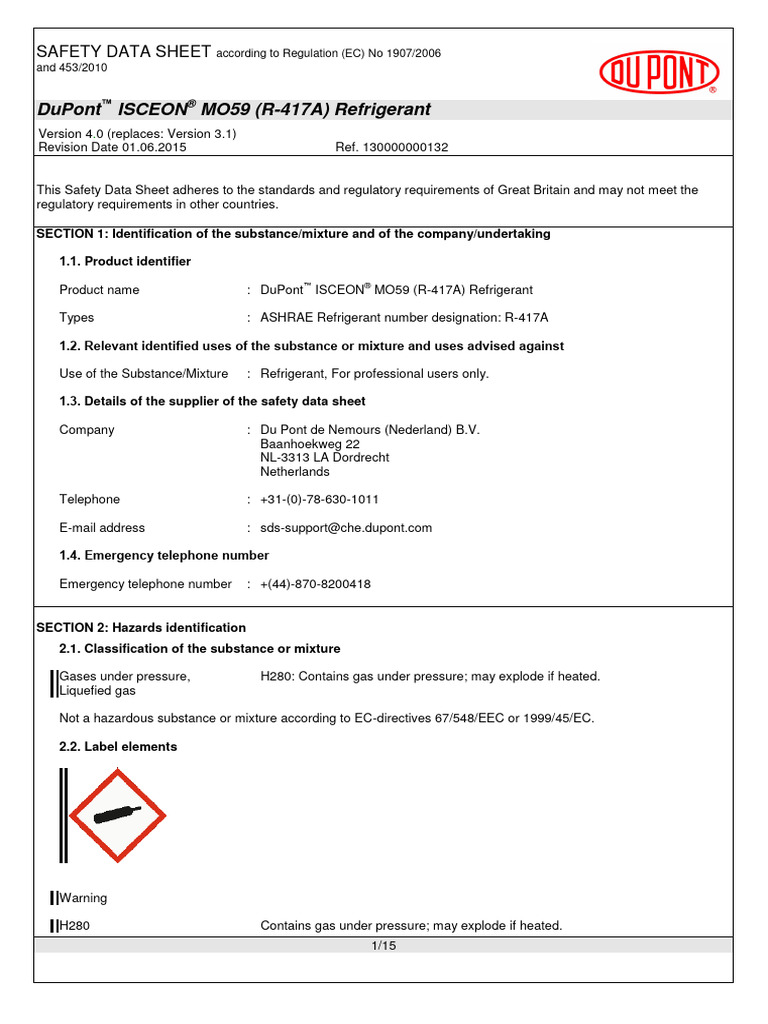 DuPont (TM) ISCEON (R) MO59 MSDS Version 4.0 | PDF | Chemistry | Gases