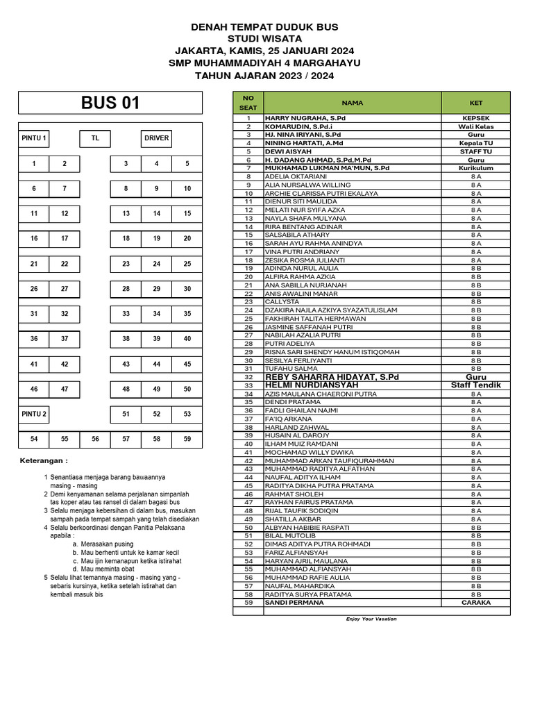 Denah Bus Studi Wisata 2023 | PDF