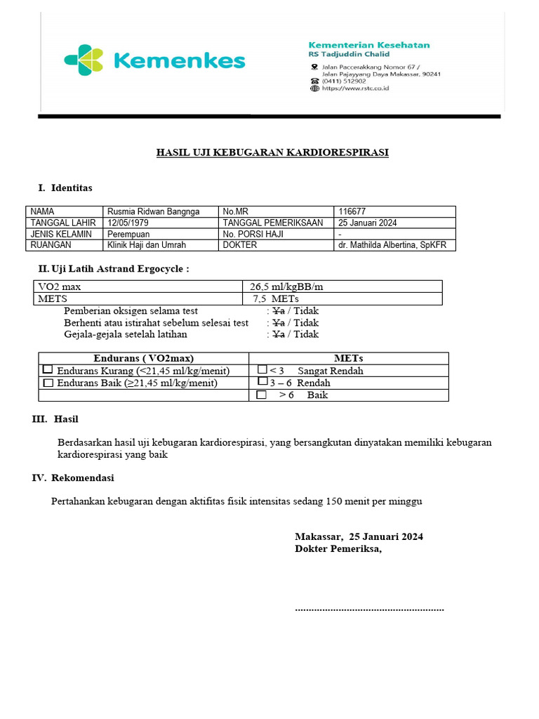 New Hasil Uji Kebugaran Kardiorespirasi | PDF