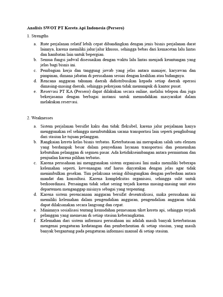 Analisis SWOT PT - KAI | PDF | Bisnis | Pengelolaan Keuangan & Uang