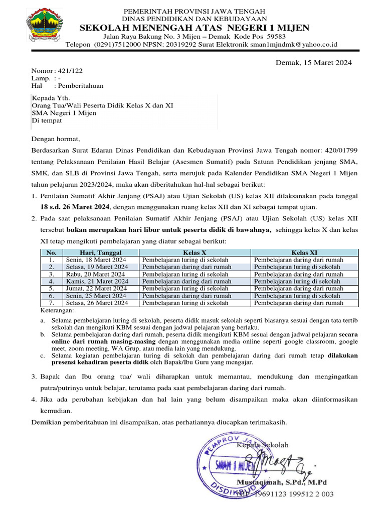 Surat Pemberitahuan KBM Kelas X, Xi Selama Psaj 18-26 Maret 2024 | PDF