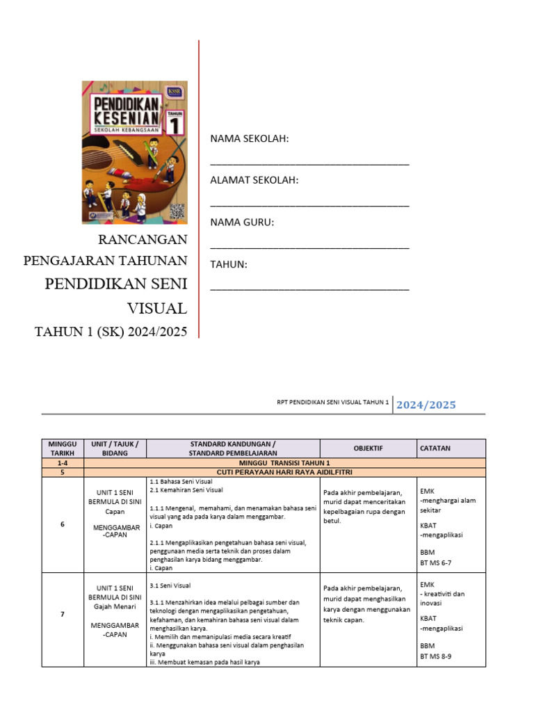 RPT Seni Visual Tahun 1 2024/2025 | PDF