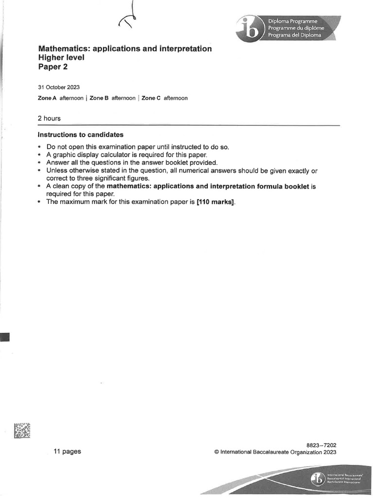 November 2023 - Mathematics - Applications - and - Interpretations - HL - P2 | PDF
