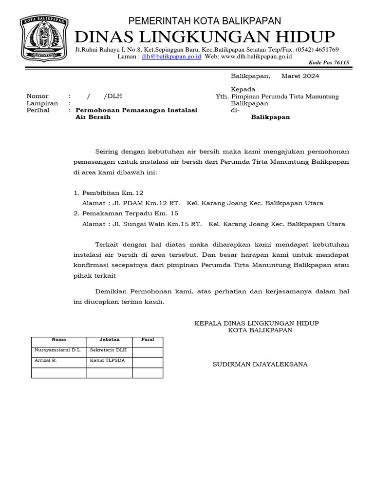 Surat Permohonan Pemasangan PDAM | PDF