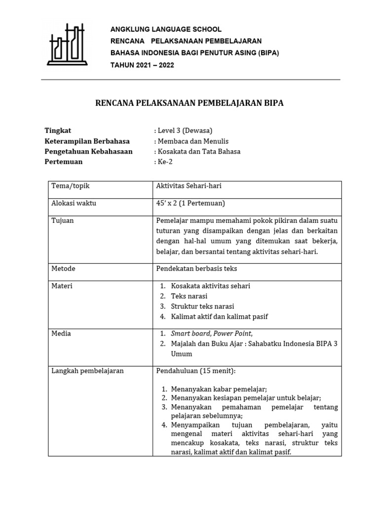 RPP Bipa - Kelompok 3 | PDF | Seni & Disiplin Bahasa