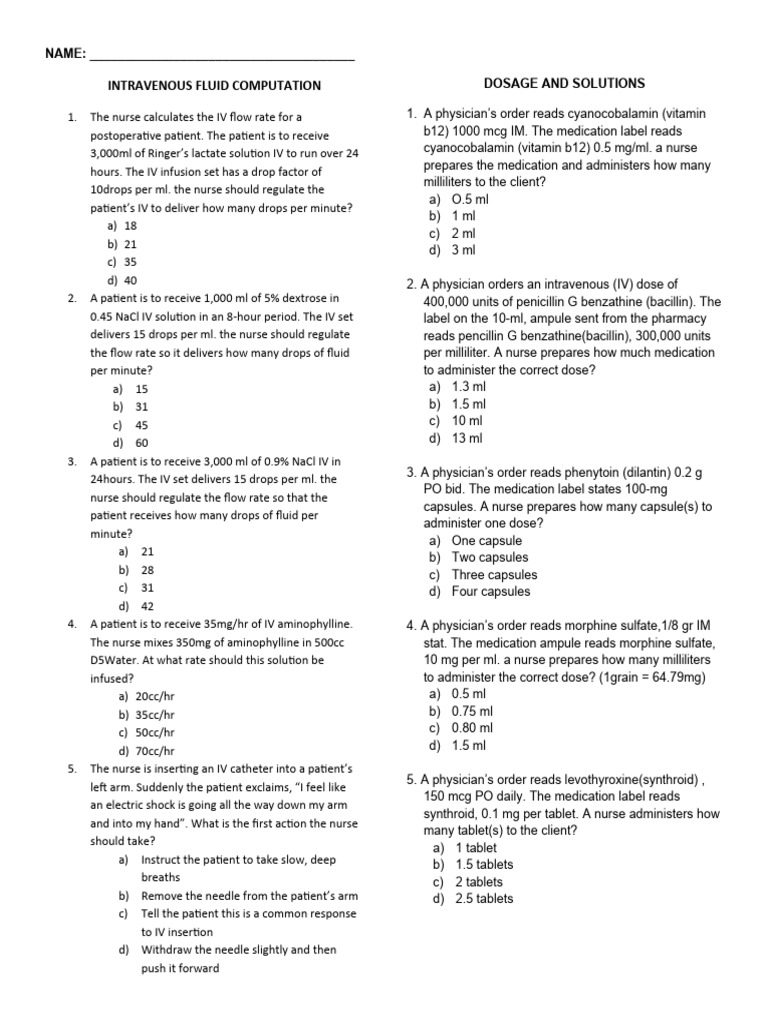 IV Fluids and Dosage and Solution Quiz | PDF | Intravenous Therapy ... IV Fluids and Dosage and Solution Quiz | PDF | Intravenous Therapy ...