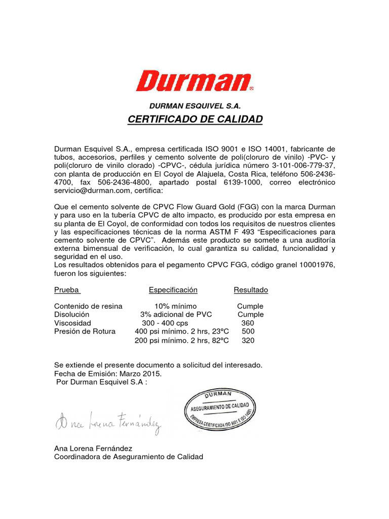 Certificado de Calida Durman Esquivel S.A. Cemento | PDF