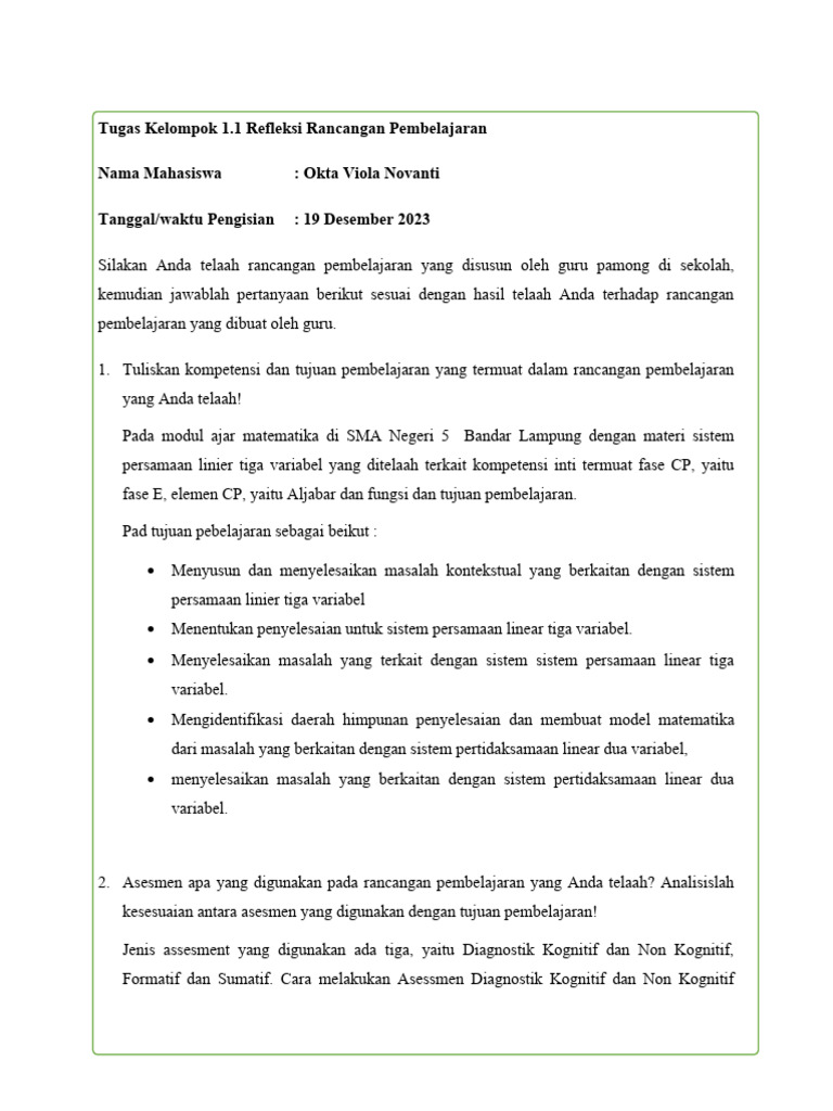 Ruang Kolaborasi TK 1.1.refleksi Rancangan Pembelajaran | PDF