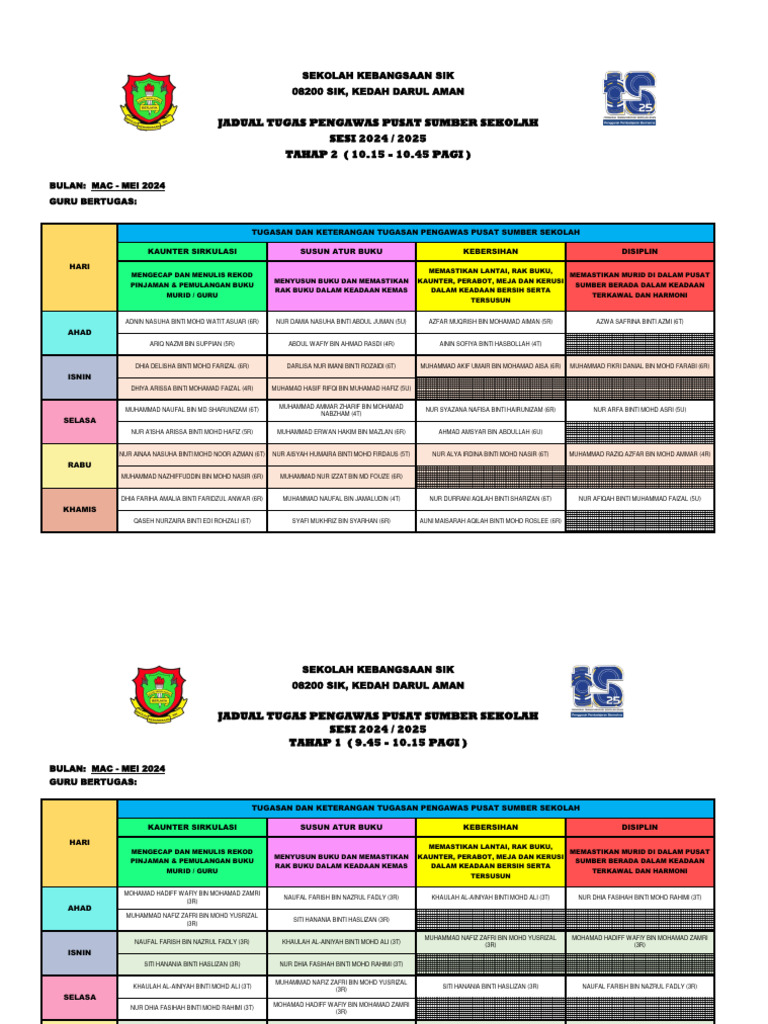 Jadual Bertugas Pengawas PSS 2024-2025 (Mac-Mei) | PDF