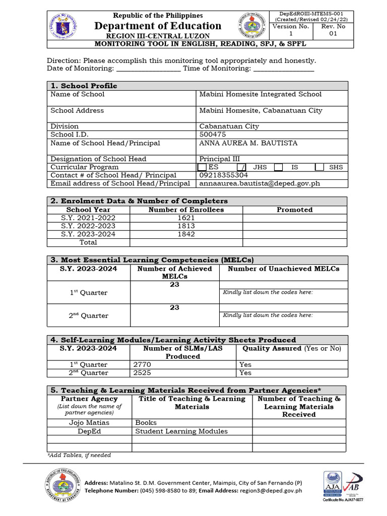 Monitoring Tool for English & Reading Education | PDF | Educational ...