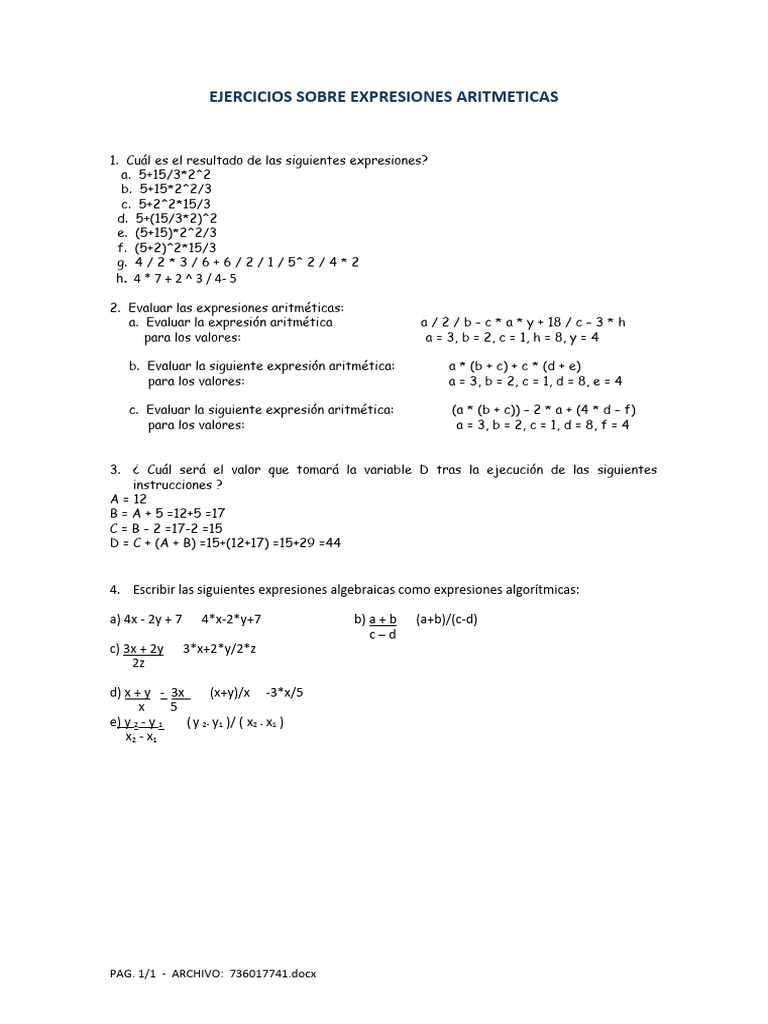 Ejercicios - Sobre - Expresiones - Aritmeticas V2 | PDF Ejercicios - Sobre - Expresiones - Aritmeticas V2 | PDF