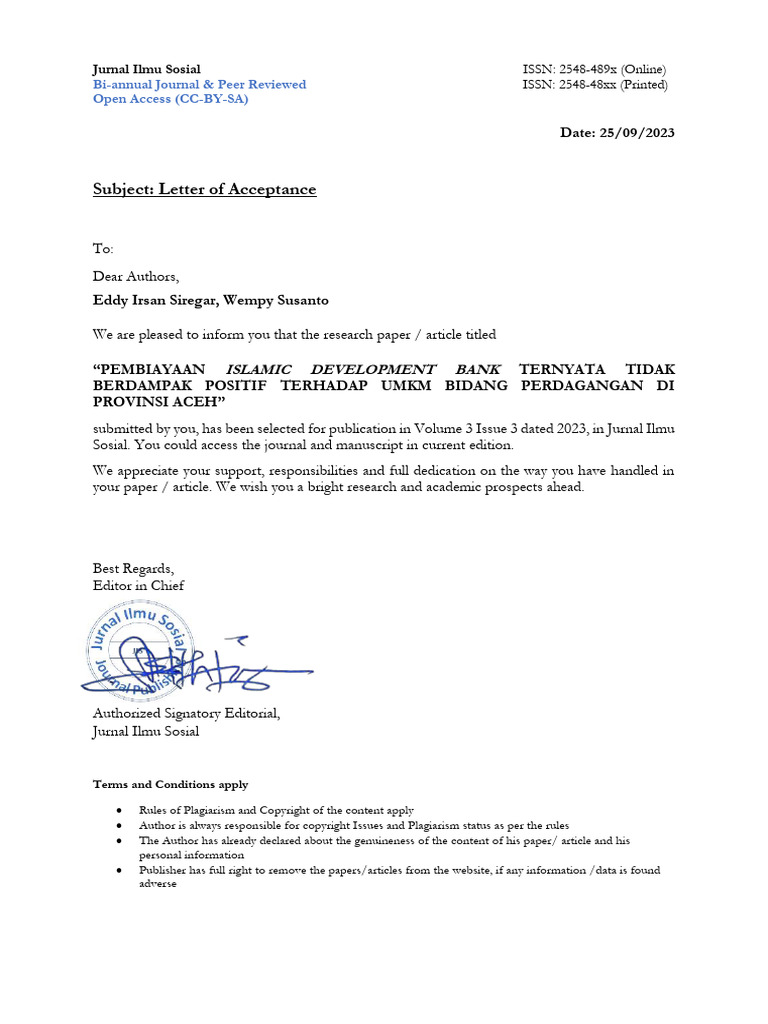 Letter of Acceptance | PDF | Academic Journal | Open Access