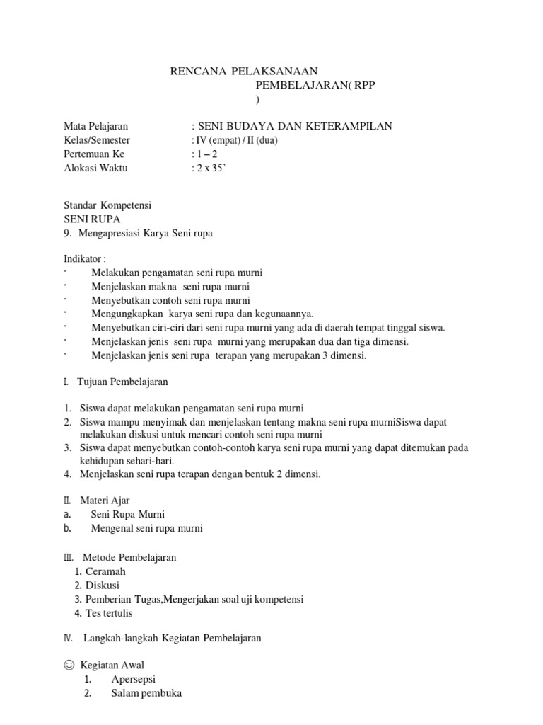 RPP Seni Kelas 4 | PDF
