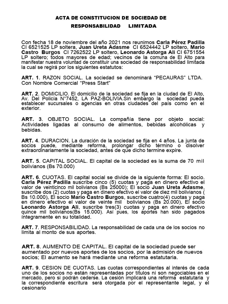 Acta de Constitucion de Sociedad Resposable Limitada | PDF