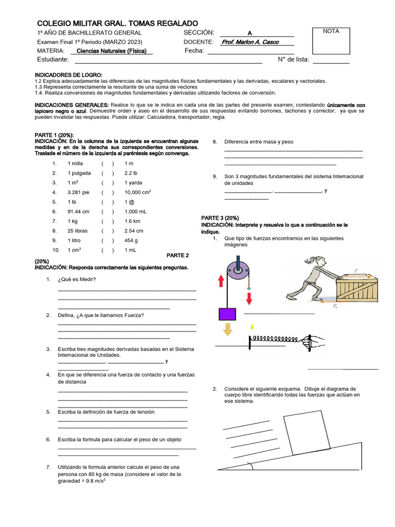Examen Física 1º Año Bachillerato | PDF | Vector Euclidiano | Fuerza