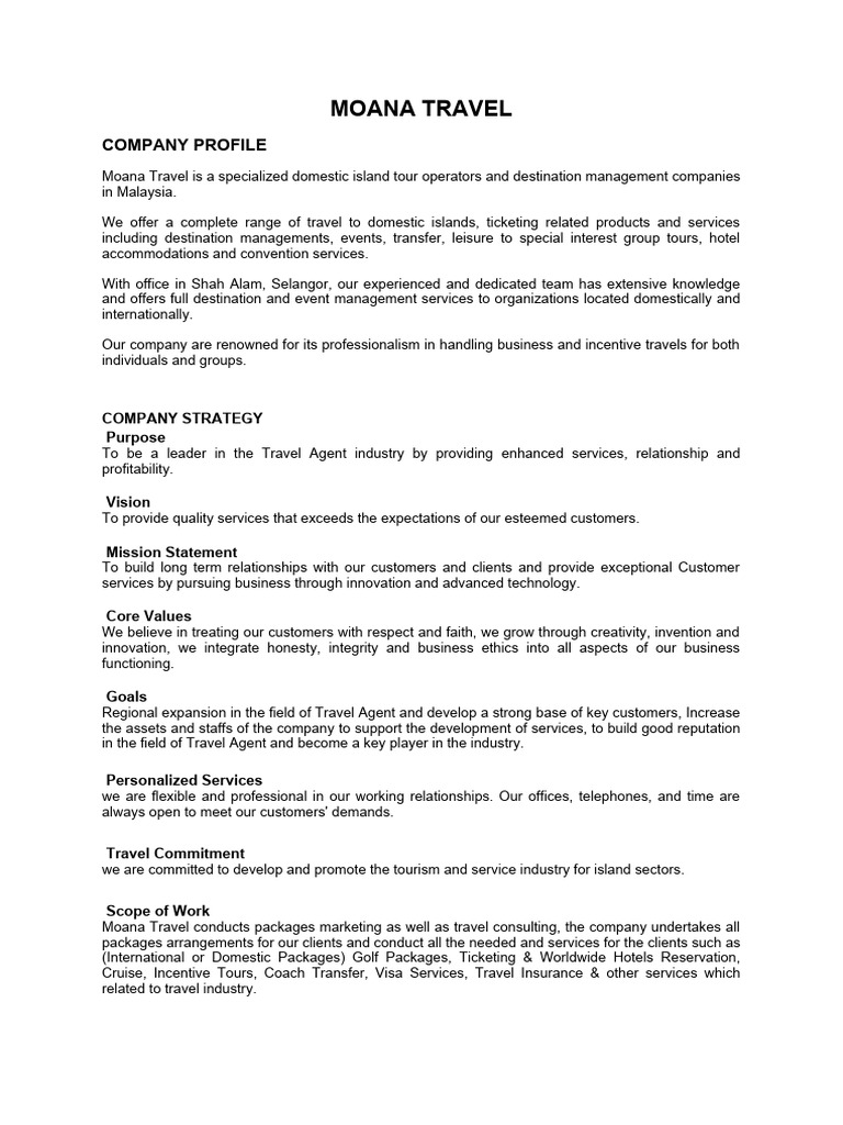 MOANA TRAVEL - Company Profile | PDF | Tourism | Travel Agency