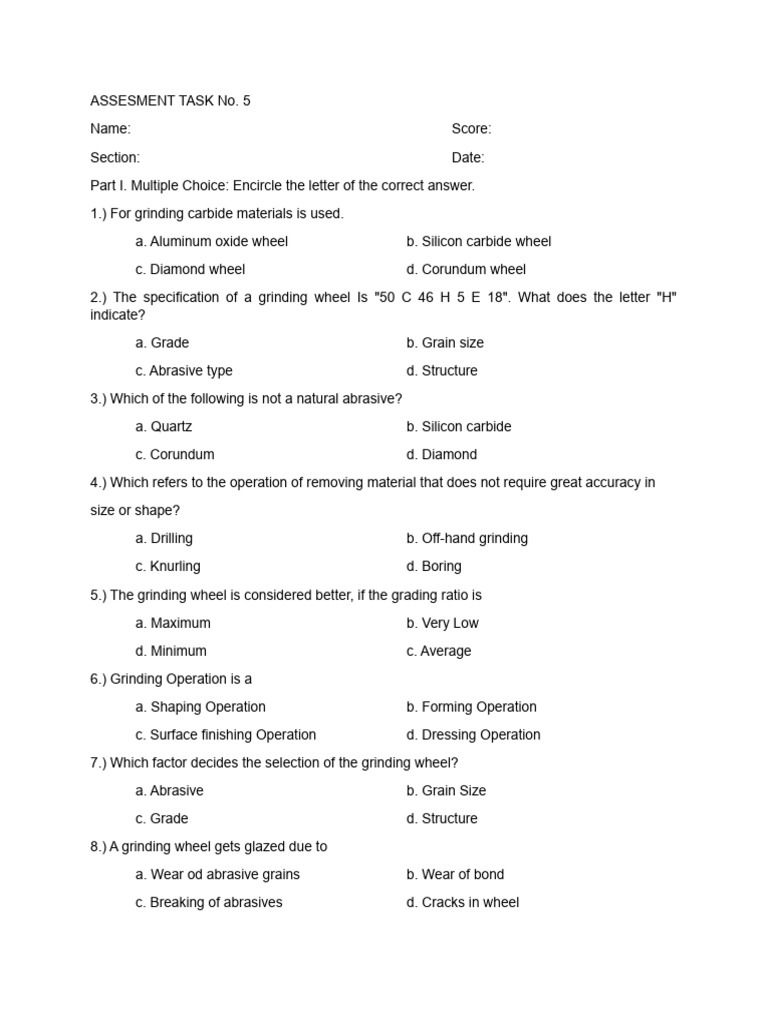 ASSESMENT TASK No. 5 | PDF | Grinding (Abrasive Cutting) | Abrasive