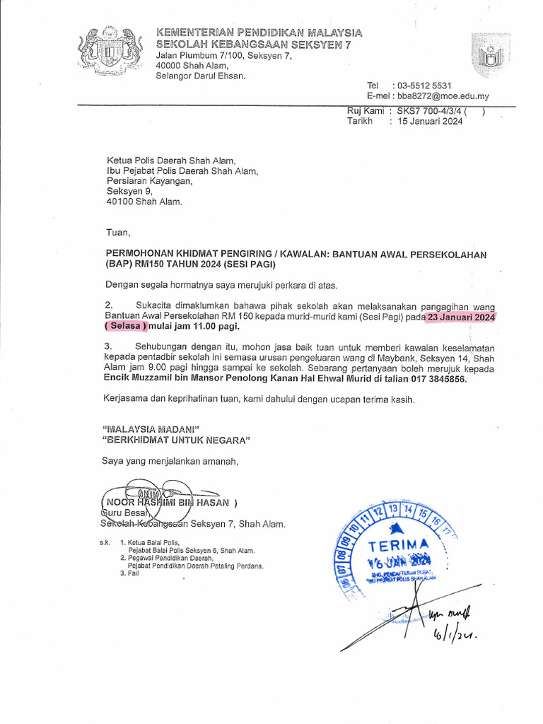 Surat Mohon Khidmat Pengiring Polis Untuk BAP 2024 SKS7 | PDF