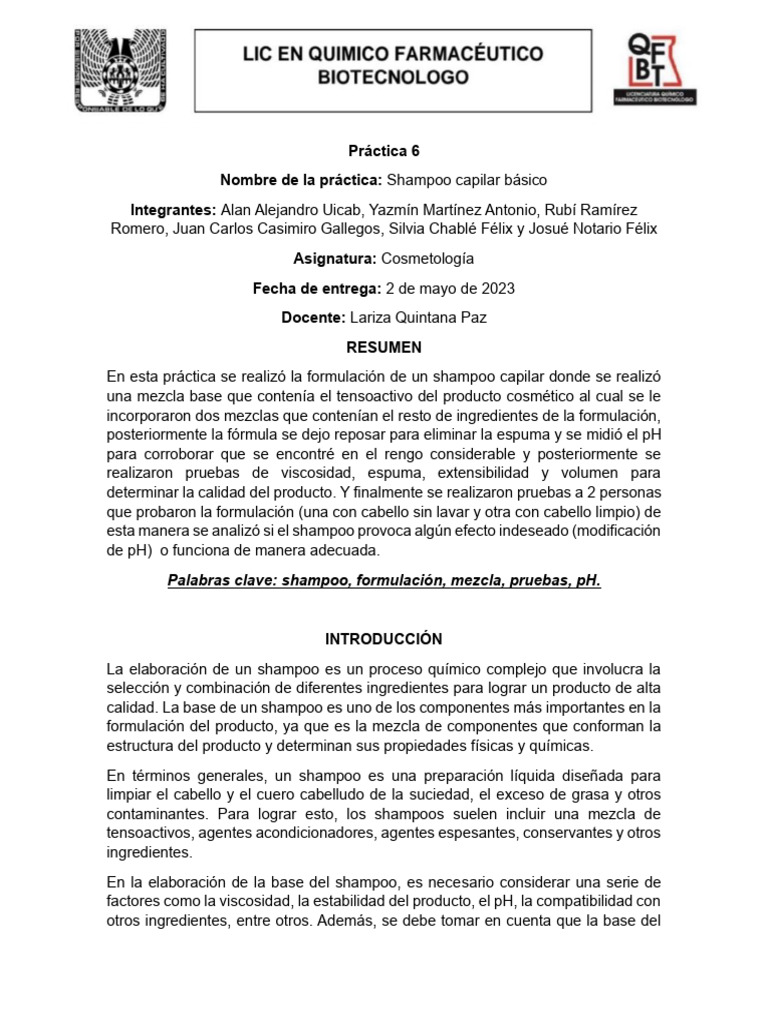 Reporte 6 Shampoo Cosme | PDF | Tensioactivo | Pelo