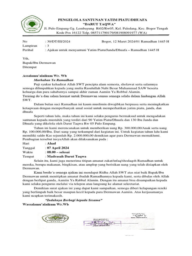 Proposal Santunan Yatim Piatu Idul Fitri 2024 | PDF