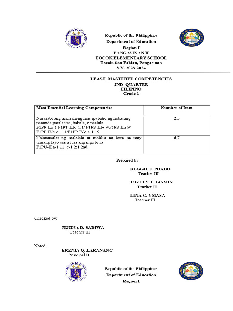 BEST AND LEAST Mastered 2023 2024 Grade 1 2ND QUARTER FILIPINO | PDF