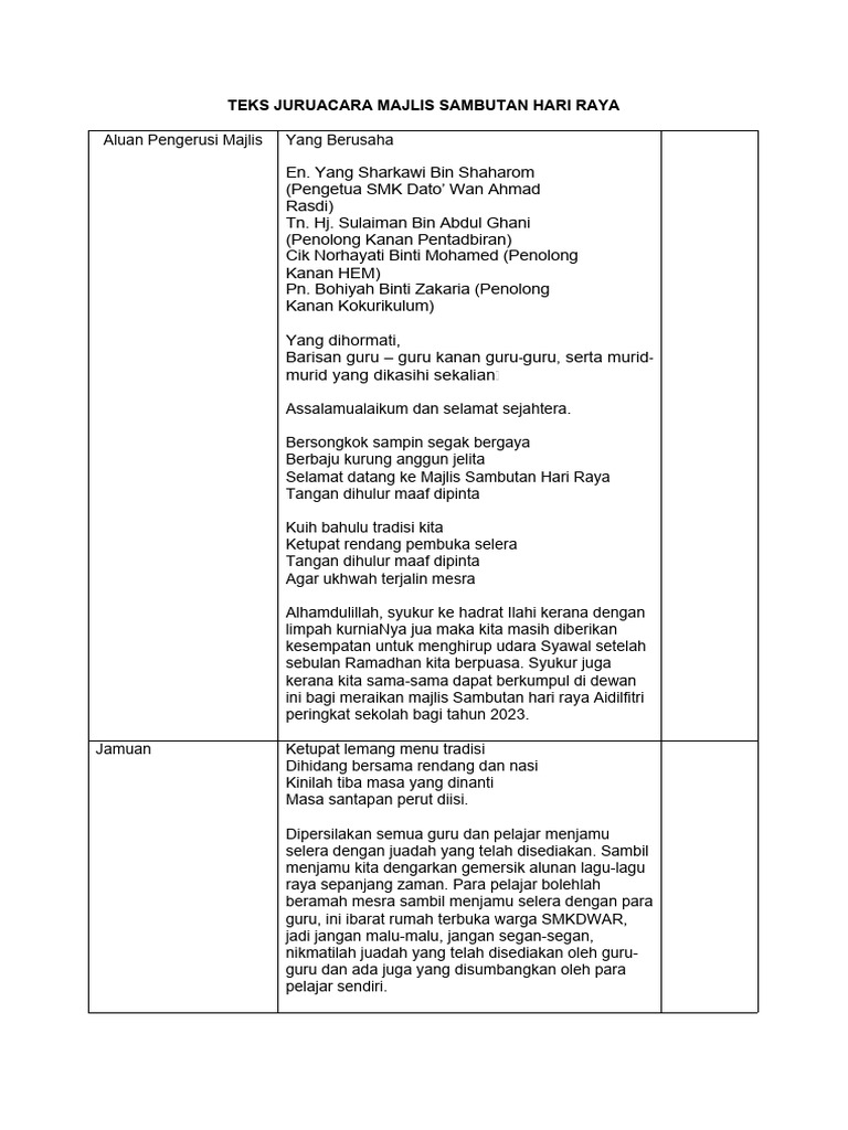 Teks Juruacara Majlis Sambutan Hari Raya | PDF